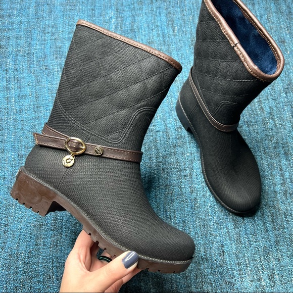 ulan | Shoes | Ulan Rainy Steps Black Brown Pull On Quilted Rain Boots ...